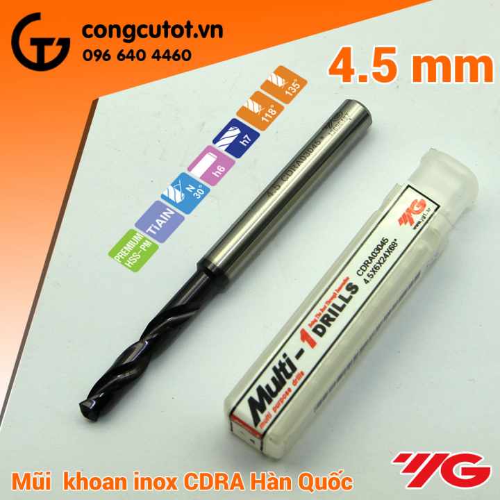 Mũi khoan Inox 4.5mm YG1 CDRA03045 AlTiN Siêu Bền