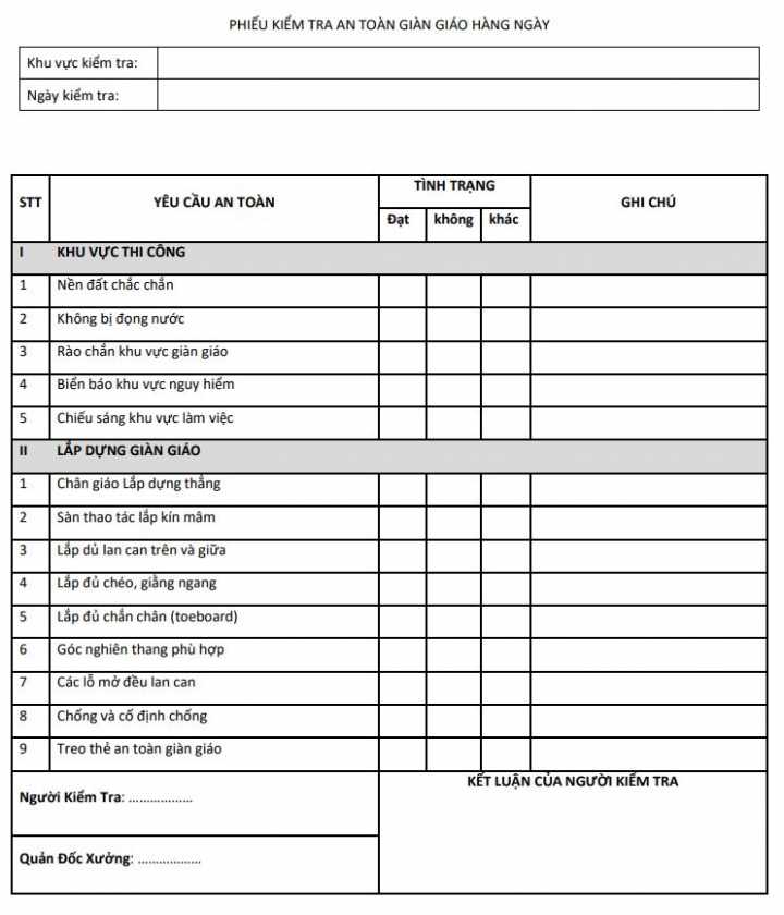 Tải về miễn phí checklist kiểm tra giàn giáo dạng DOC, PDF